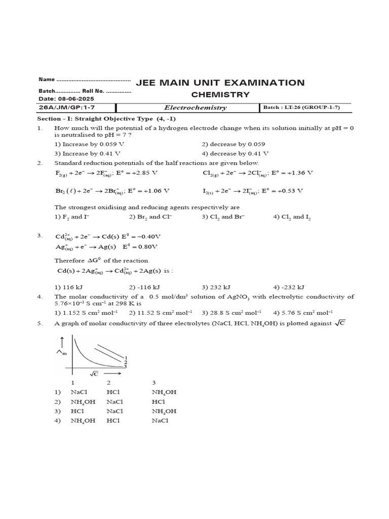 Lt-26 Online Gp1-7 Jee Main Electrochemistry - 08-06-25 | PDF | Electrochemistry | Solvation
