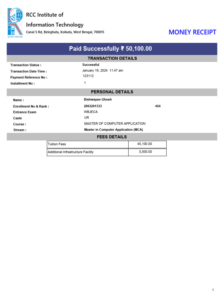 BCA Fees Receipt - RCC Institute | PDF