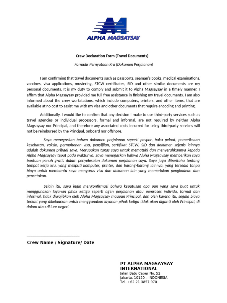 Crew Declaration Form Travel Documents - Translation Rev2 Update 041924 ...
