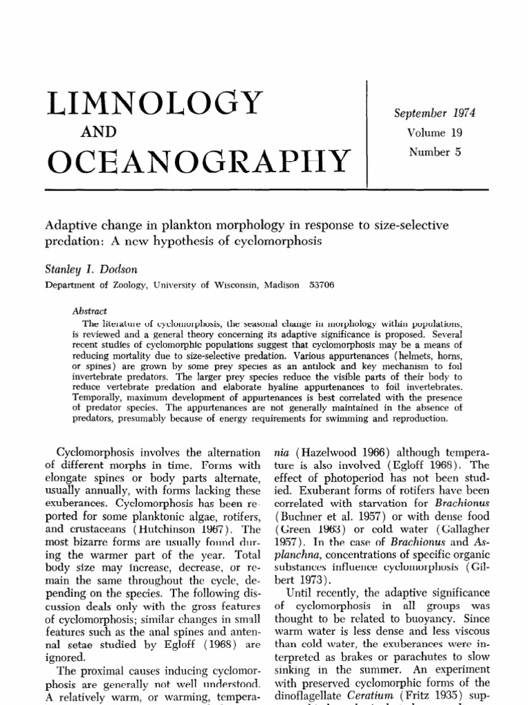 Cyclomorphosis and Predator Avoidance | PDF | Predation | Invertebrate
