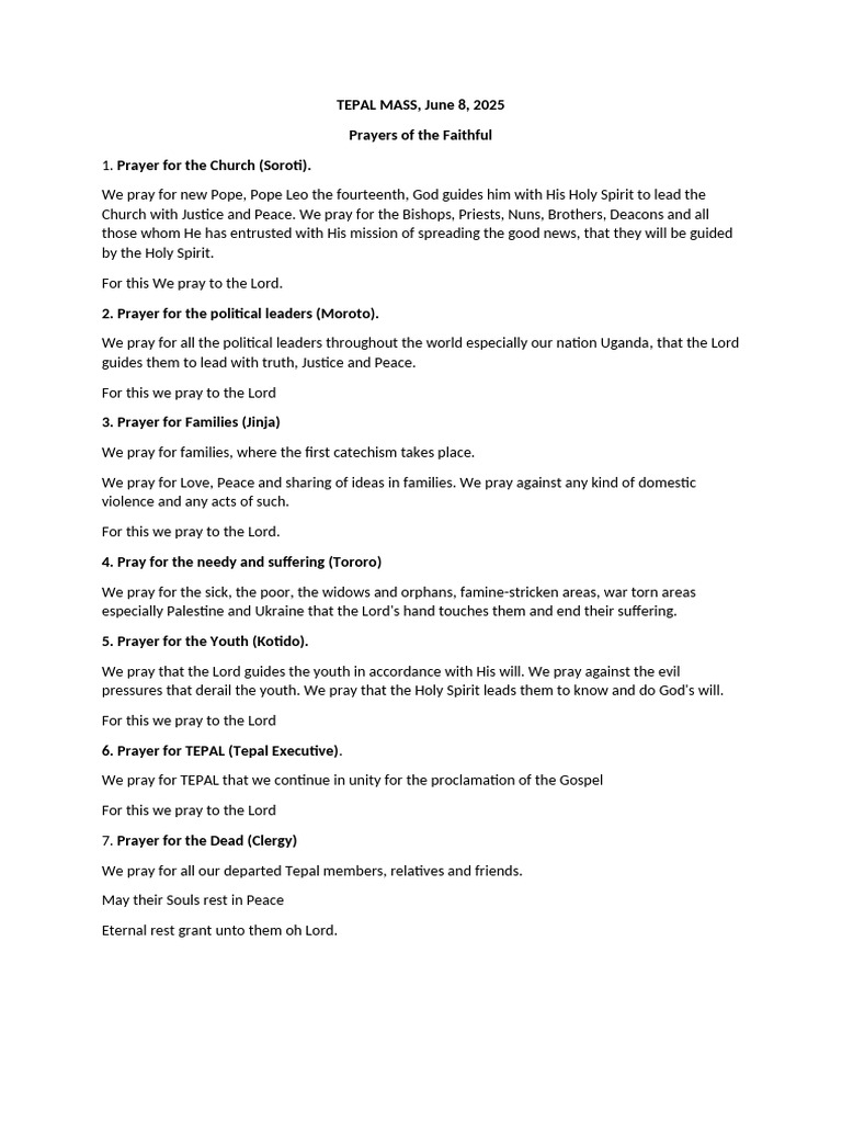 Prayers of The Faithful - TEPAL Mass | PDF