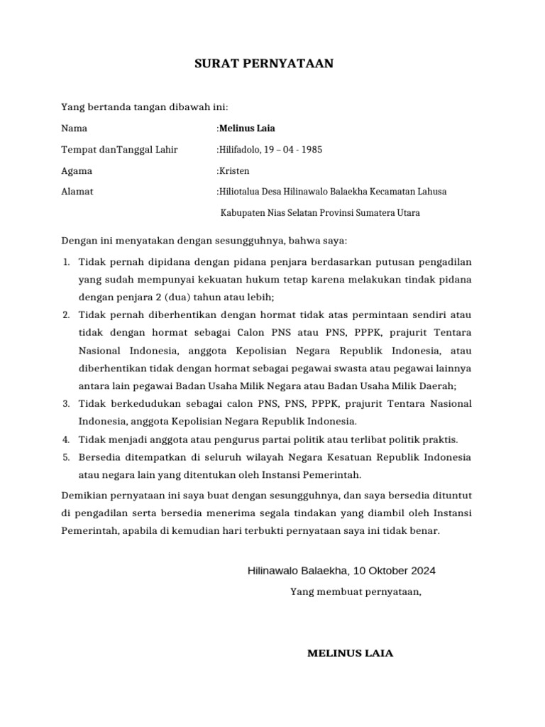 Surat Pernyataan Melinus Laia | PDF