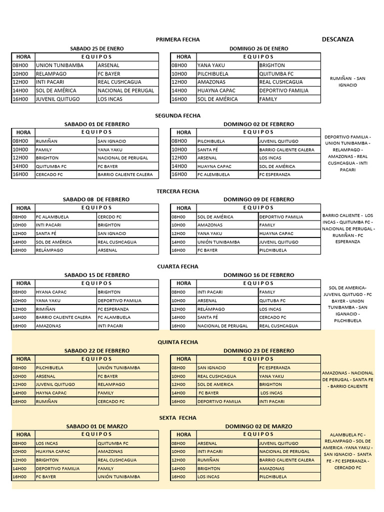 Calendario Fútbol Piava Chupa Pascuas 2025 | PDF | Imperio Inca