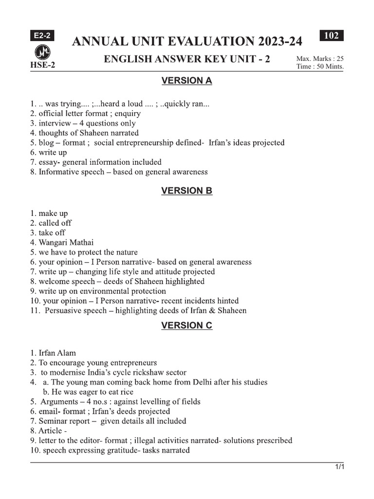 +2 English Answer Key Unit - 2 | PDF