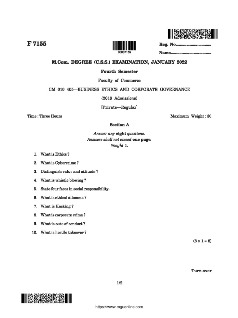 Mcom 4 Sem Business Ethics and Corporate Governance F 7155 Jan 2022 | PDF