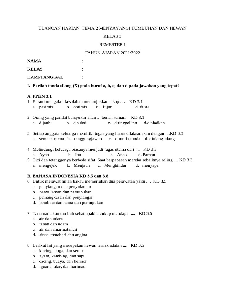 Ulangan Harian Kelas 3 Tema 2 Menyayangi Tumbuhan Dan Hewan | PDF