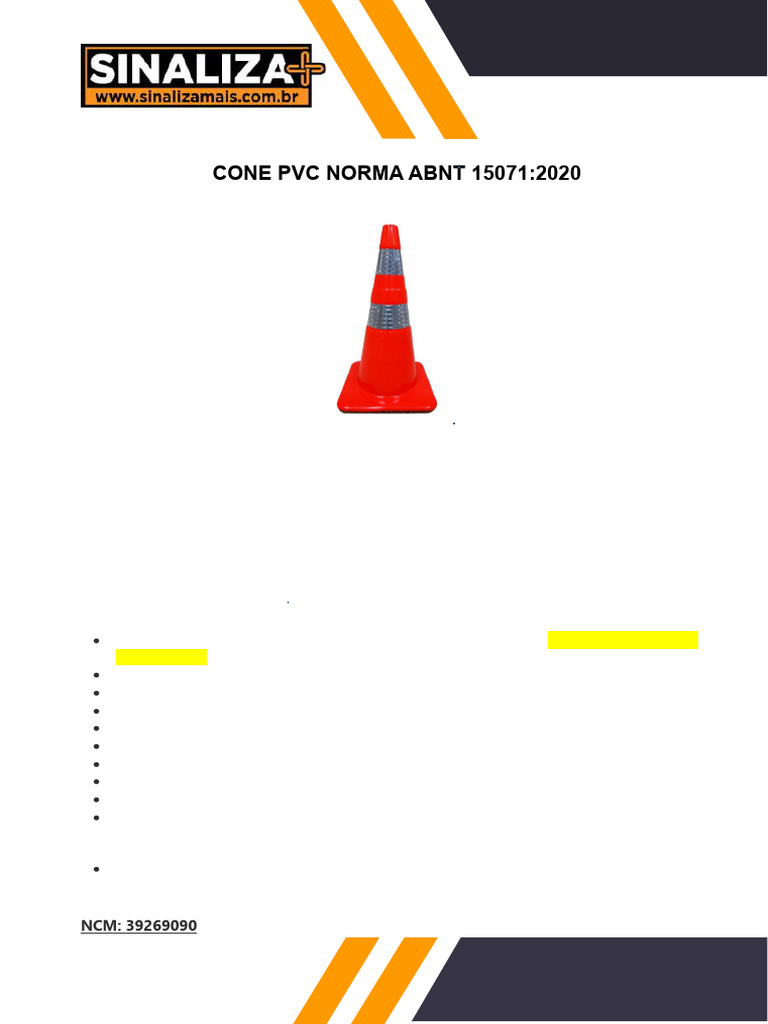 Ficha Técnica Cone PVC Norma Abnt 15071 2020 | PDF