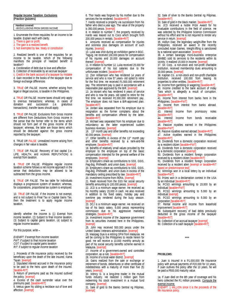 04-Practice Quizzers - Exclusions From Gross Income | PDF | Gross Income | Taxes