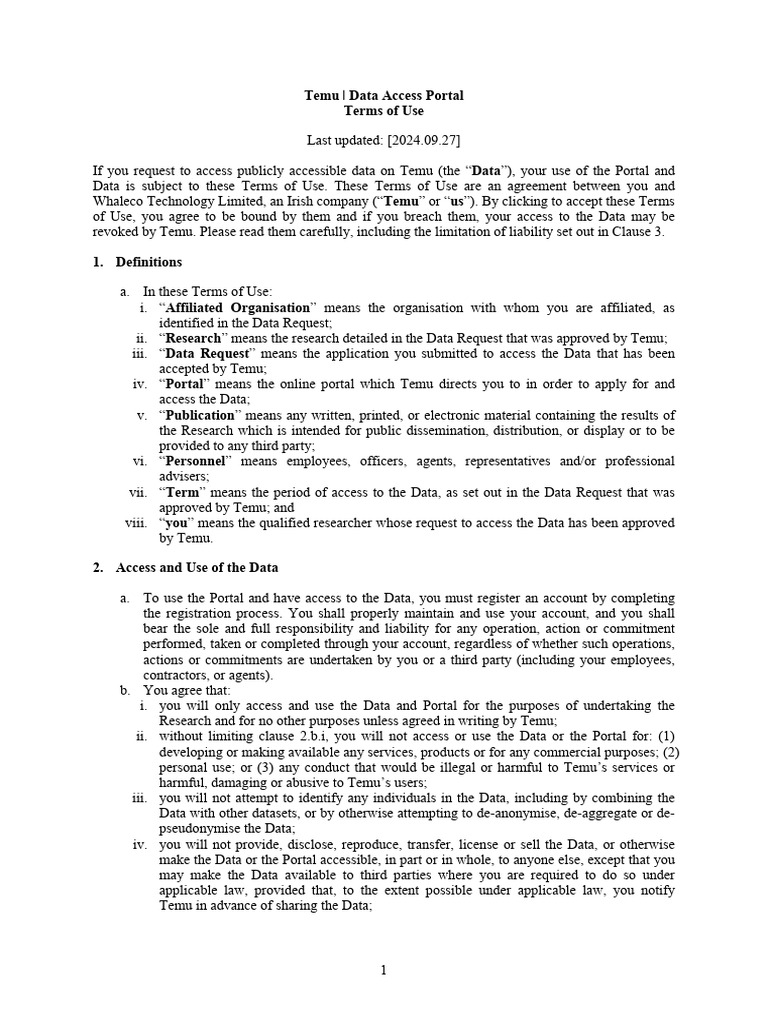 Temu Data Access Portal Terms of Use 20240927 | PDF | Indemnity | Damages