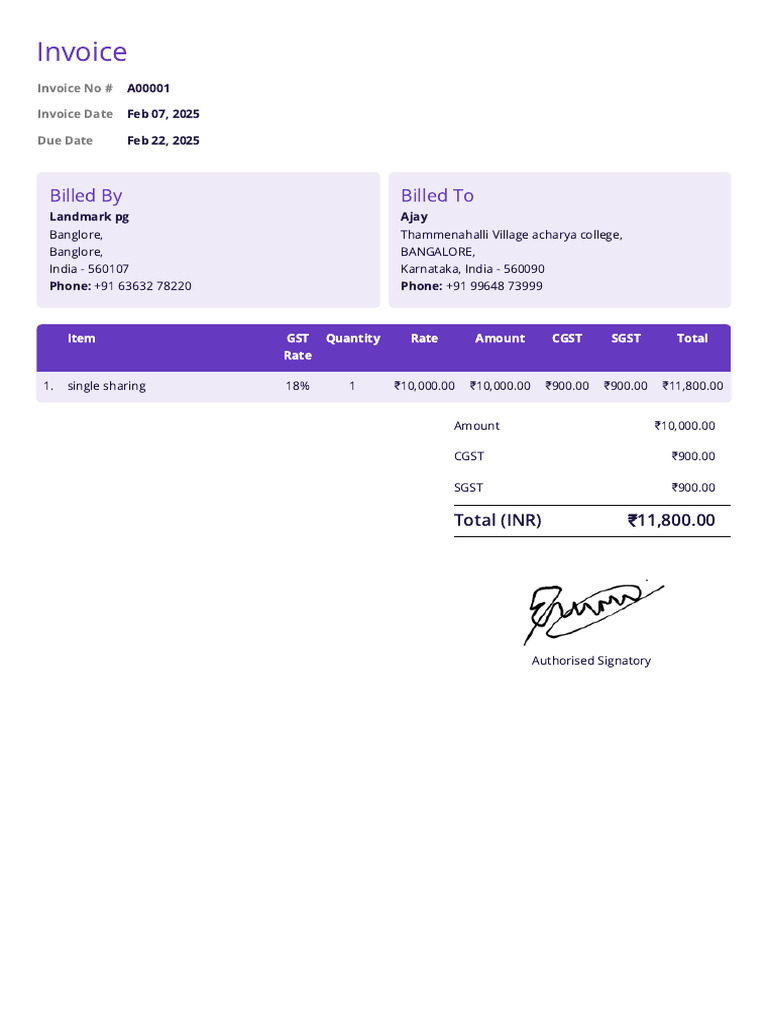 Invoice A00001 Landmark PG Ajay | PDF