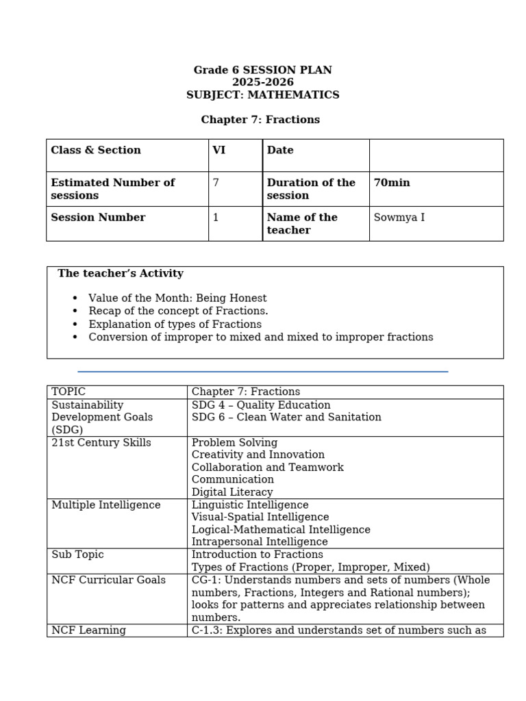 Grade6 Chapter7 Fractions SessionPlan | PDF | Multiplication | Learning