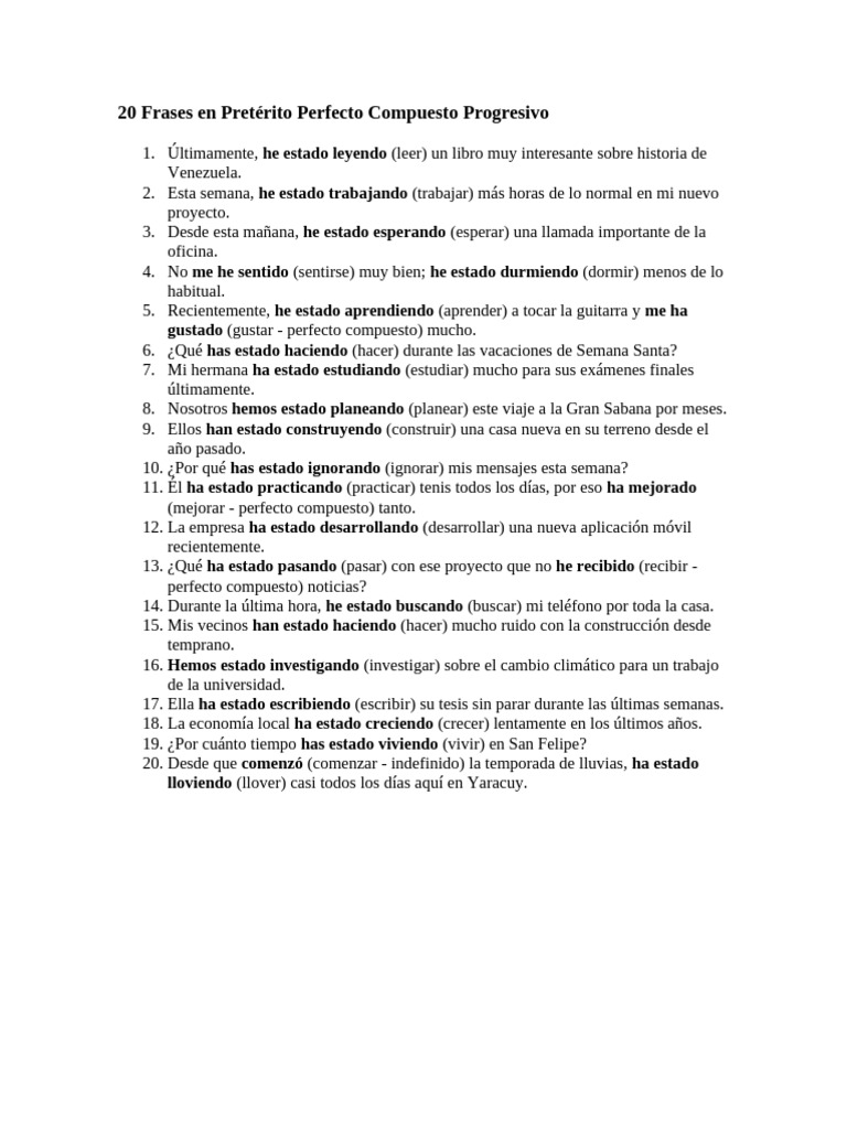 Frases en Pretérito Perfecto Progresivo | PDF