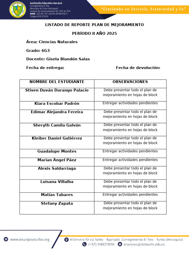 Reporte Plan de Mejoramiento 6G3 | PDF