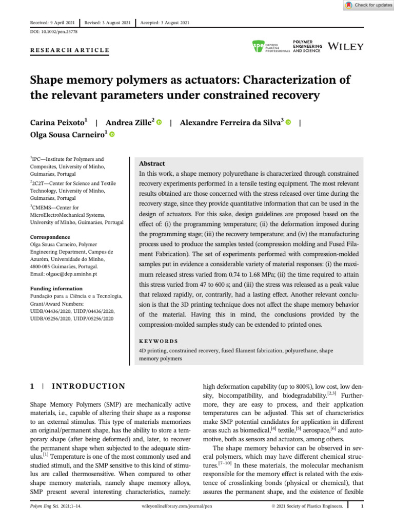Shape Memory Polymers As Actuators: Characterization of The Relevant Parameters Under ...