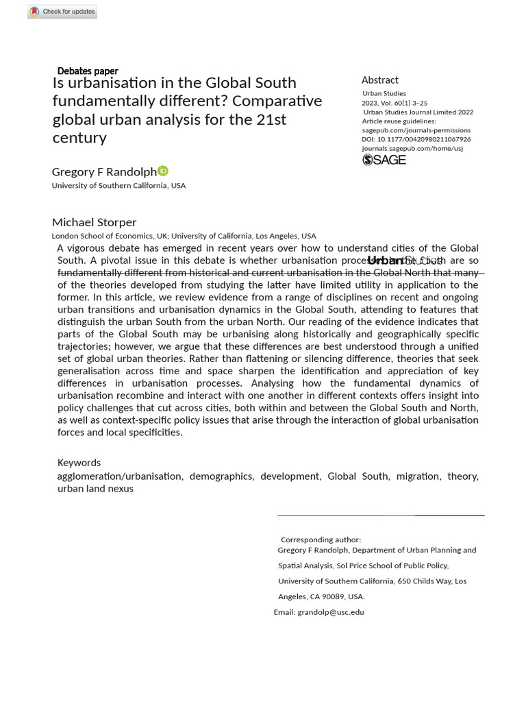 Randolph Storper 2022 Is Urbanisation in The Global South Fundamentally ...