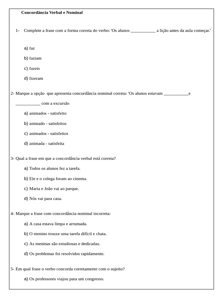 Atividade de Concordancia Verbal e Nominal | PDF | Assunto (gramática) | Famílias linguísticas