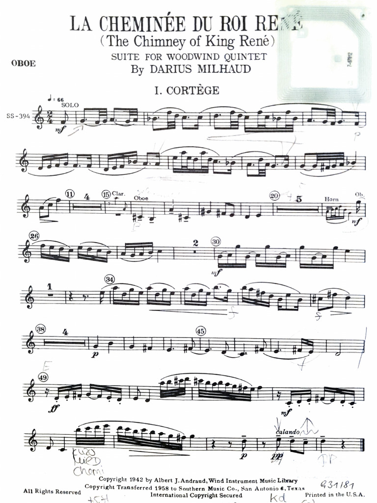 Darius Milhaud La Cheminée Du Roi René Oboe | PDF | Musicology | Music Technology