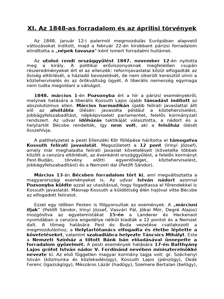 XI. Az 1848-As Forradalom És Az Áprilisi Törvények | PDF