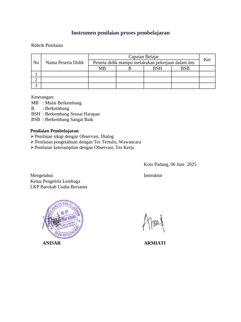 Instrumen Penilaian Pembelajaran | PDF