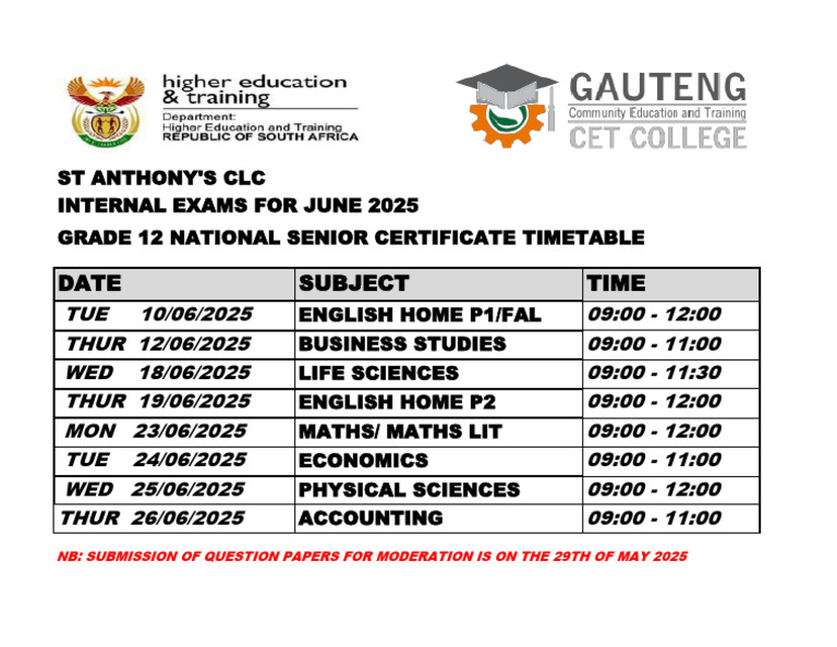Ncs 2025 June Exam Timetable | PDF