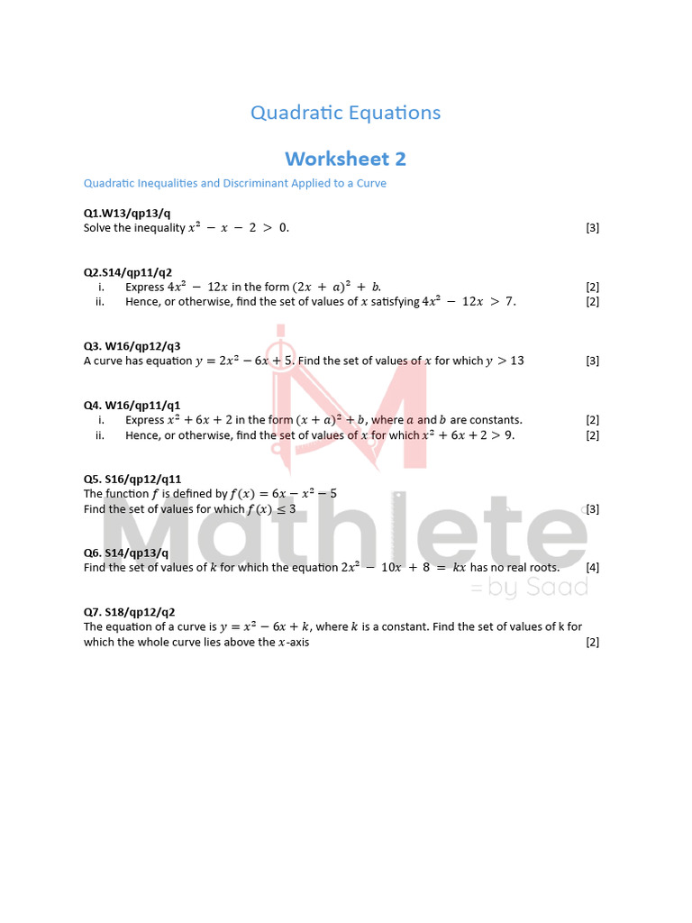 Quadratics Worksheet 2 | PDF