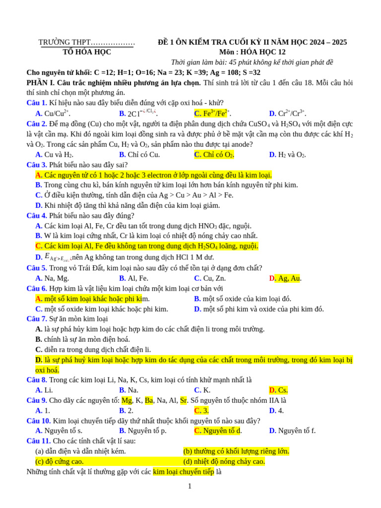 De on (10 de) Ktck2 Hoa 12(c5-8 Kieu Mh 2025).de.dtt | PDF