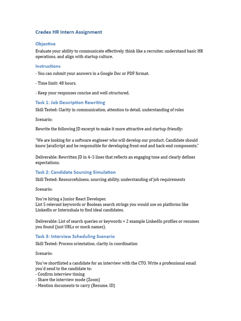 Credex HR Intern Assignment | PDF | Résumé | Linked In
