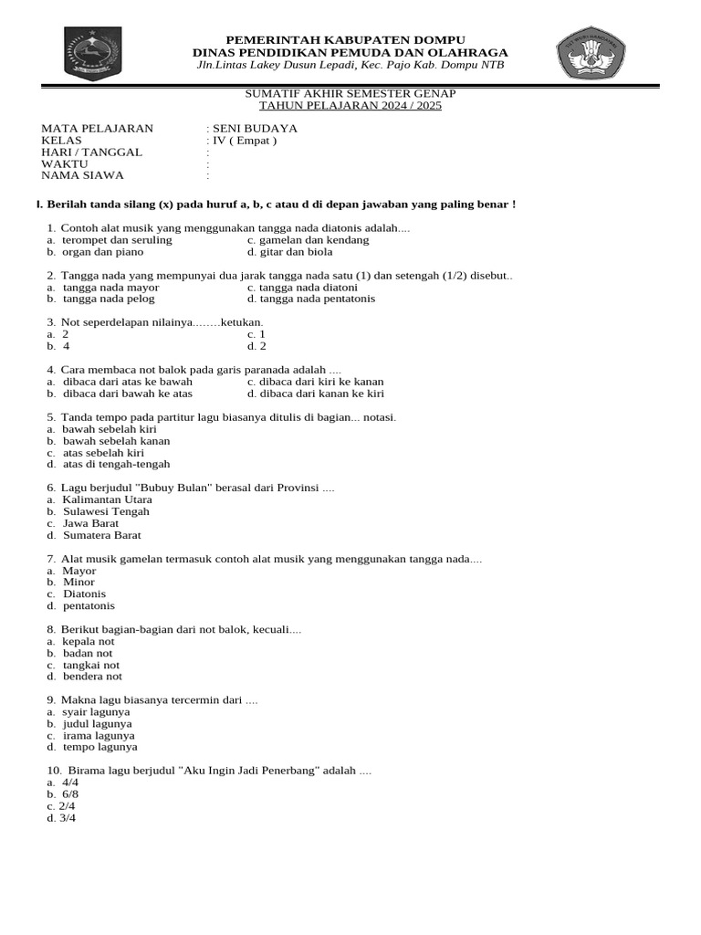 Soal Pts Seni Budaya Kelas 4 Semester 2 + Jawaban | PDF