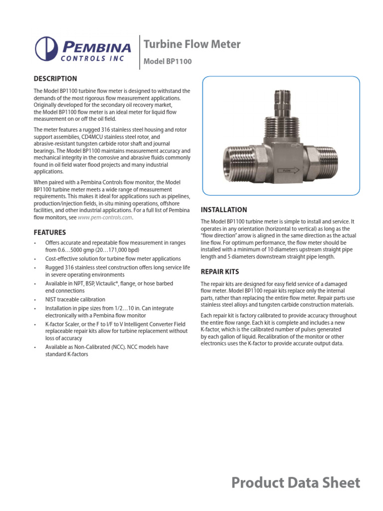 BP1100 Threaded Turbine Flow Meter Data Sheet | PDF | Flow Measurement | Turbine
