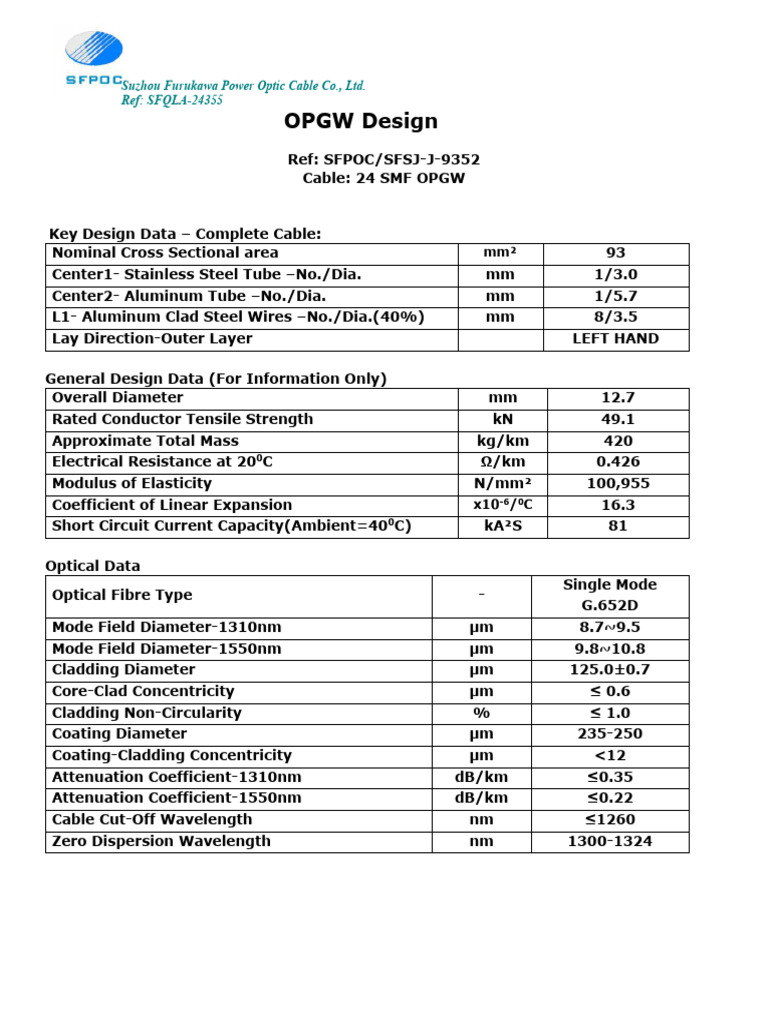 OPGW Design Datasheet J-9352 | PDF | Mechanical Engineering | Electrical Engineering