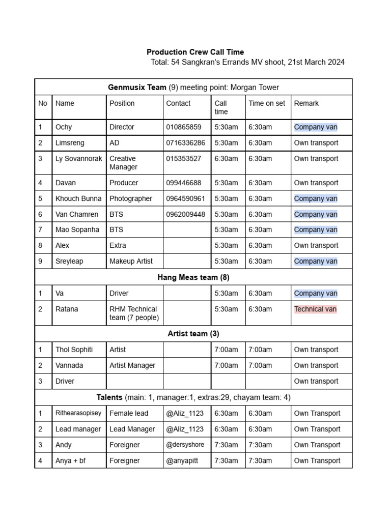 Sangkran MV Shoot Crew Call Times | PDF