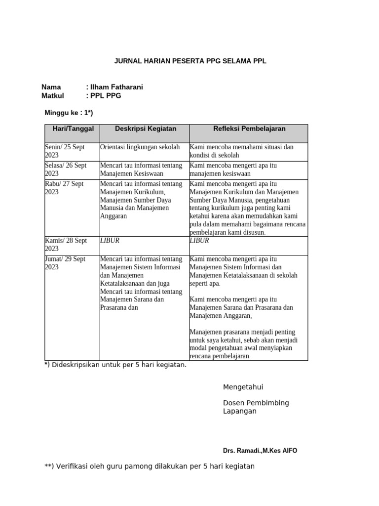 PPL - Lampiran 9. Contoh Jurnal Harian - Model DPL | PDF