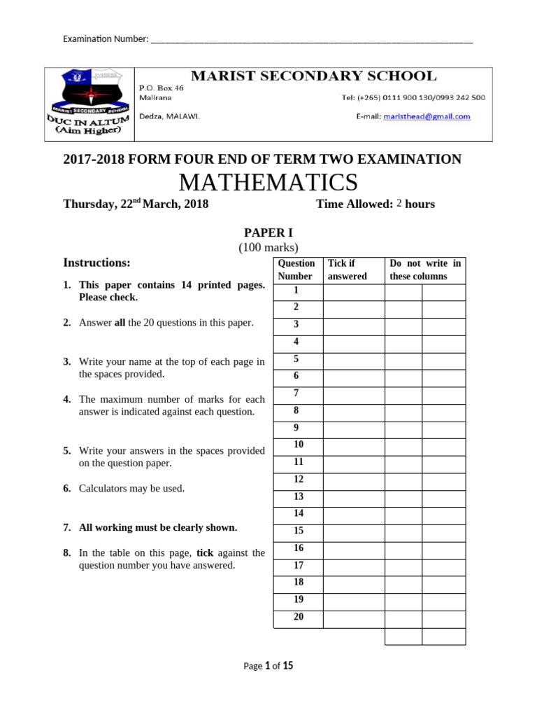 Form Four Maths Paper 1 | PDF | Area | Sphere