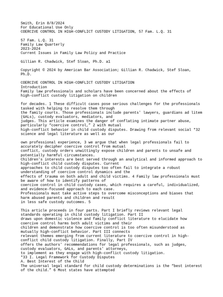 Coercive Control in High Conflict Custody Litigation | PDF | Domestic ...