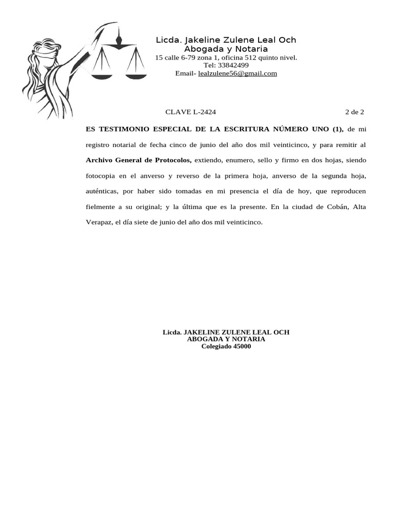 Testimonio Notarial de Jakeline Leal | PDF