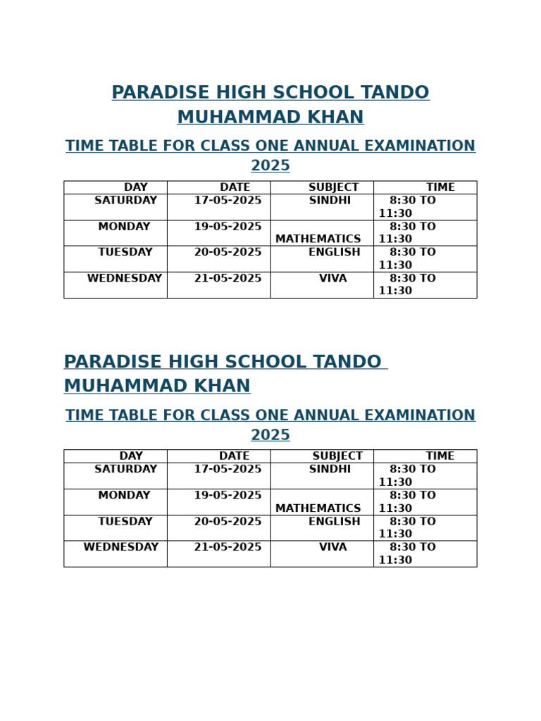 Class One Exam Timetable 2025 | PDF