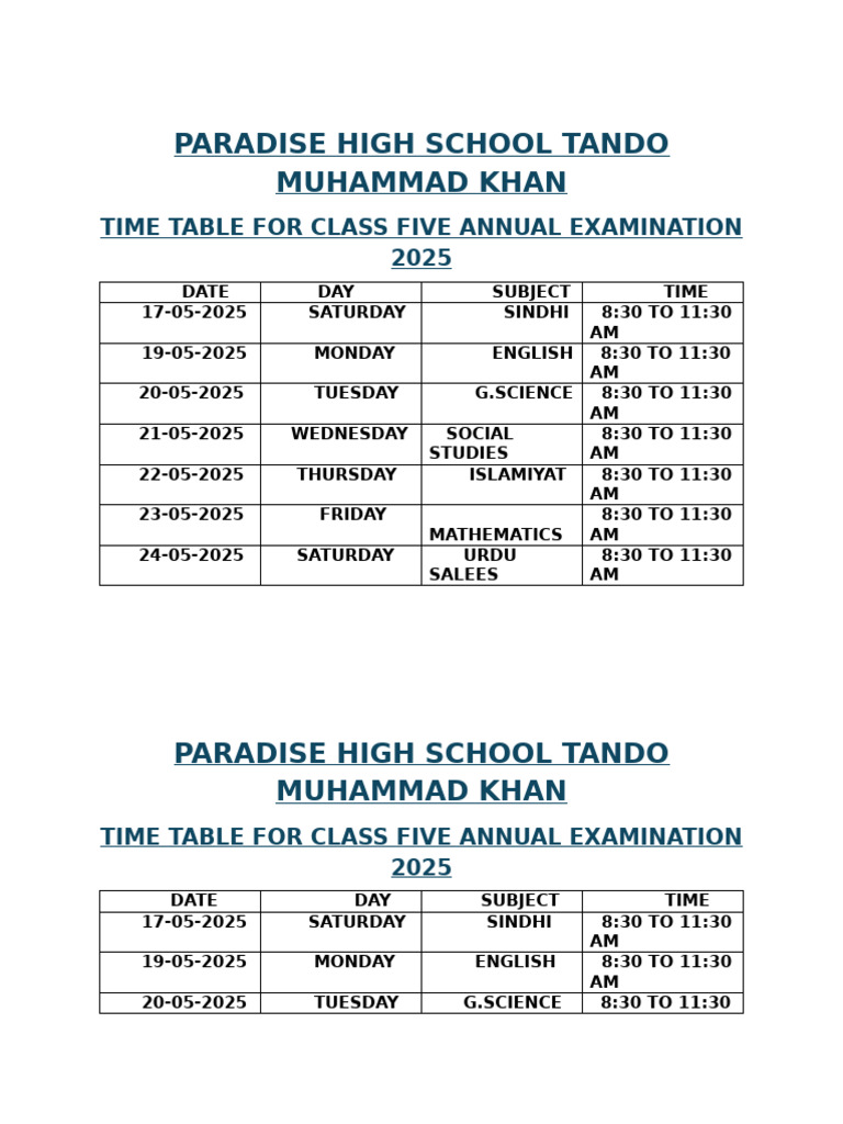 Class 5 Annual Exam Timetable 2025 | PDF