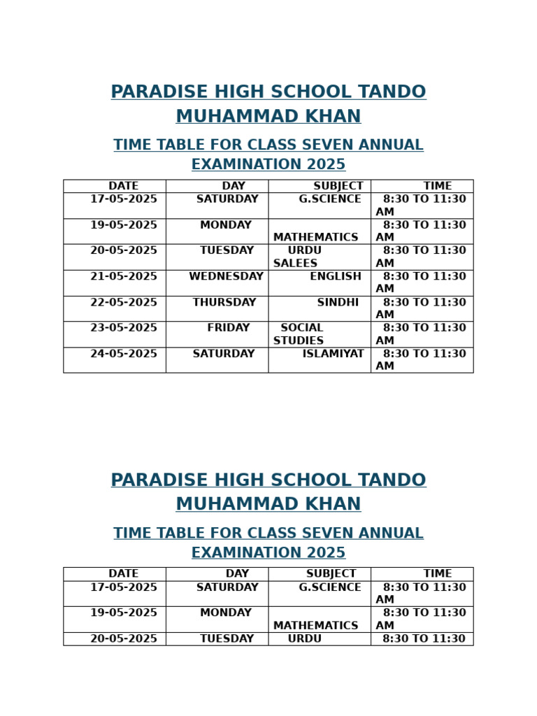 Time Table For Class 6th | PDF