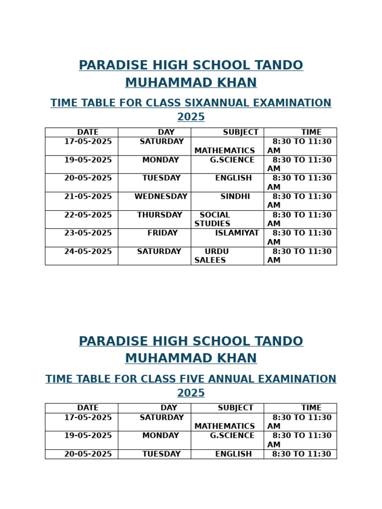 Time Table For Class 5th | PDF