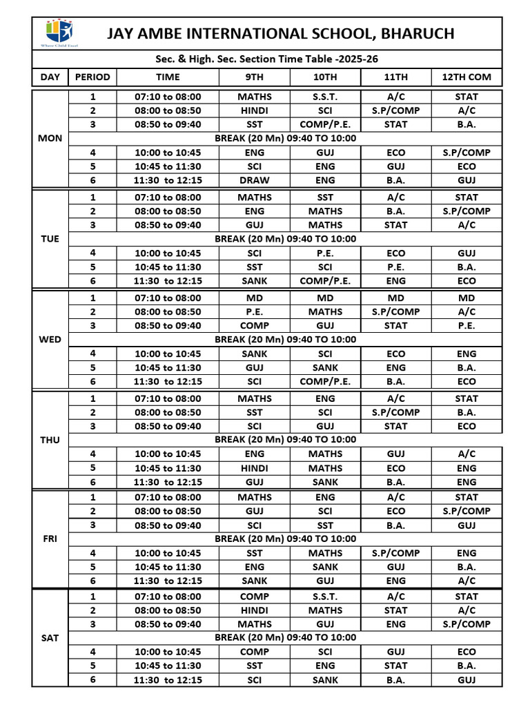 2025-26 School Timetable Overview | PDF