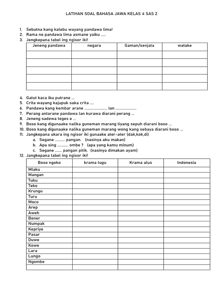 Latihan Soal Bahasa Jawa Kelas 4 Sas 2 | PDF