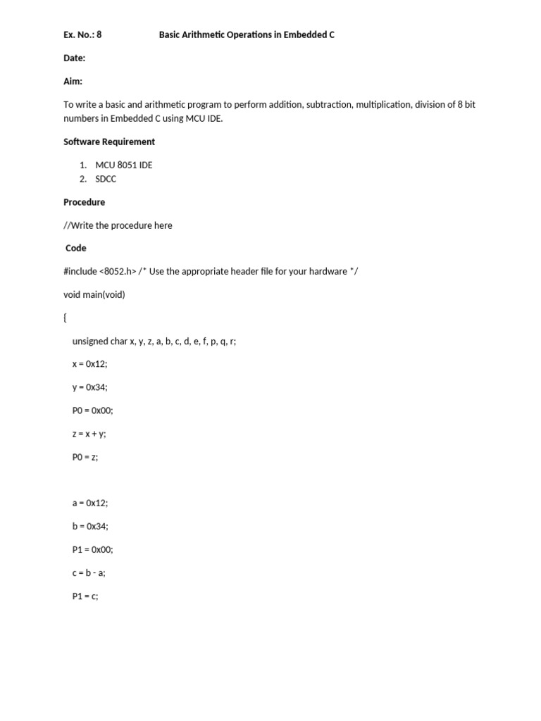 Ex 8 Basic and Arithmetic Operations in Embedded C | PDF