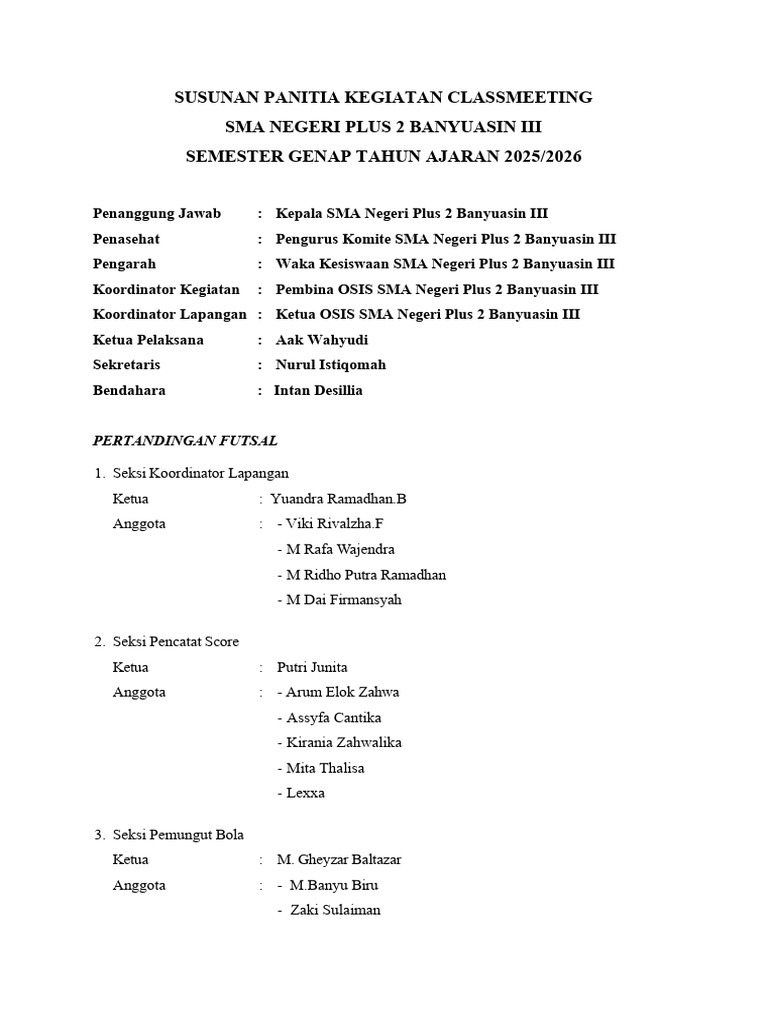 Susunan Kepanitiaan Kegiatan Classmeet Semester Genap Tahun 2025 | PDF
