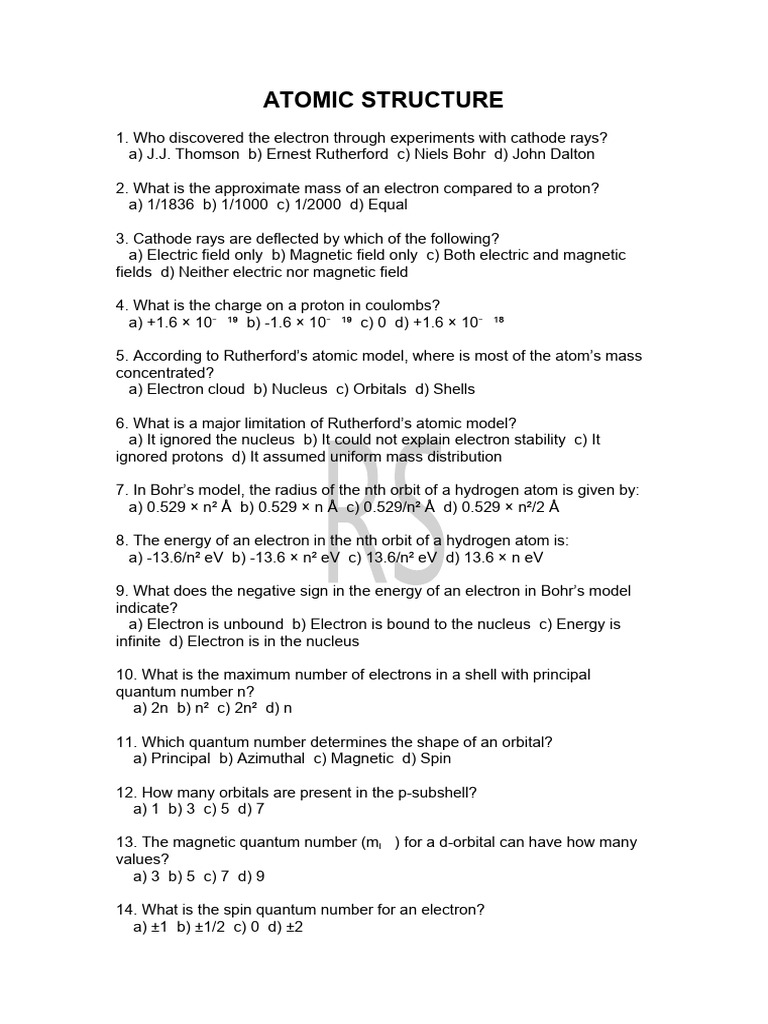 MCQ of Atomic Structure Based On Ncert | PDF | Atomic Orbital | Atoms