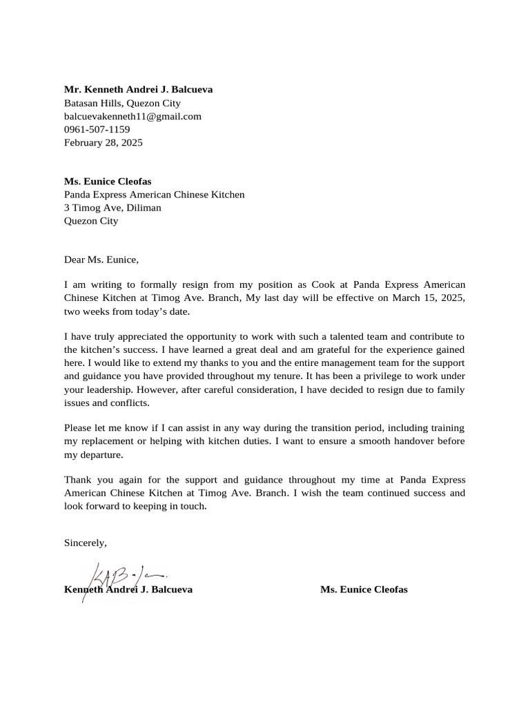 Resignation Letter from Panda Express Cook | PDF