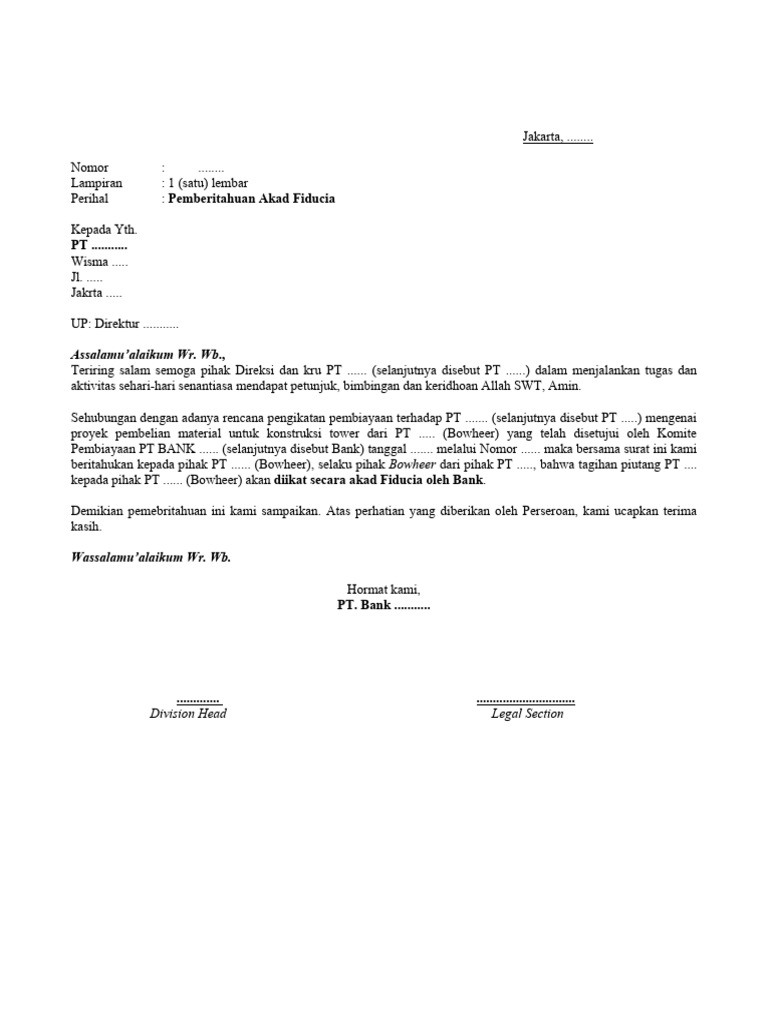 Contoh Surat Pemberitahuan Akad Fidusia Kepada Bouwheer | PDF