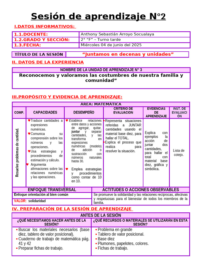 2do - U3 - MATE - SESIÒN 1 - JUNTAMOS CANTIDADES EN DECENAS Y UNIDADES | PDF | Aprendizaje ...