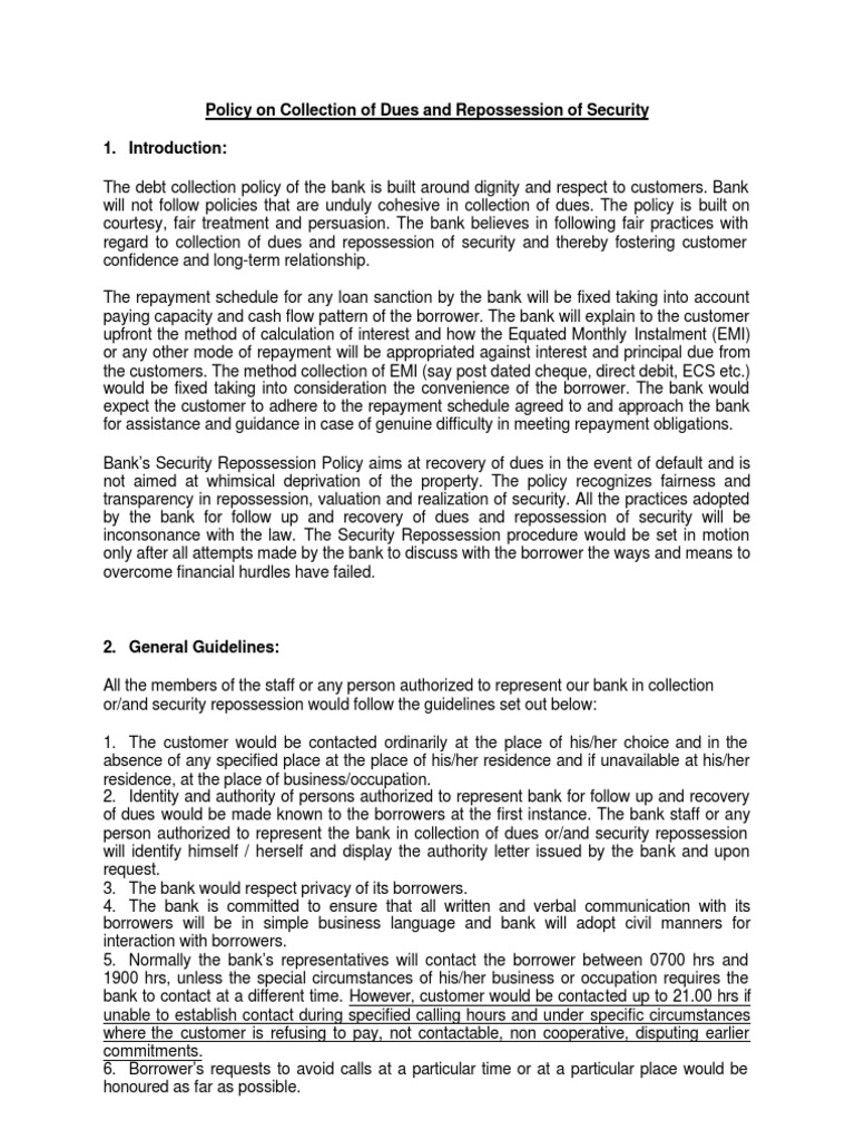 Policy On Collection of Dues and Repossession of Security | Download ...
