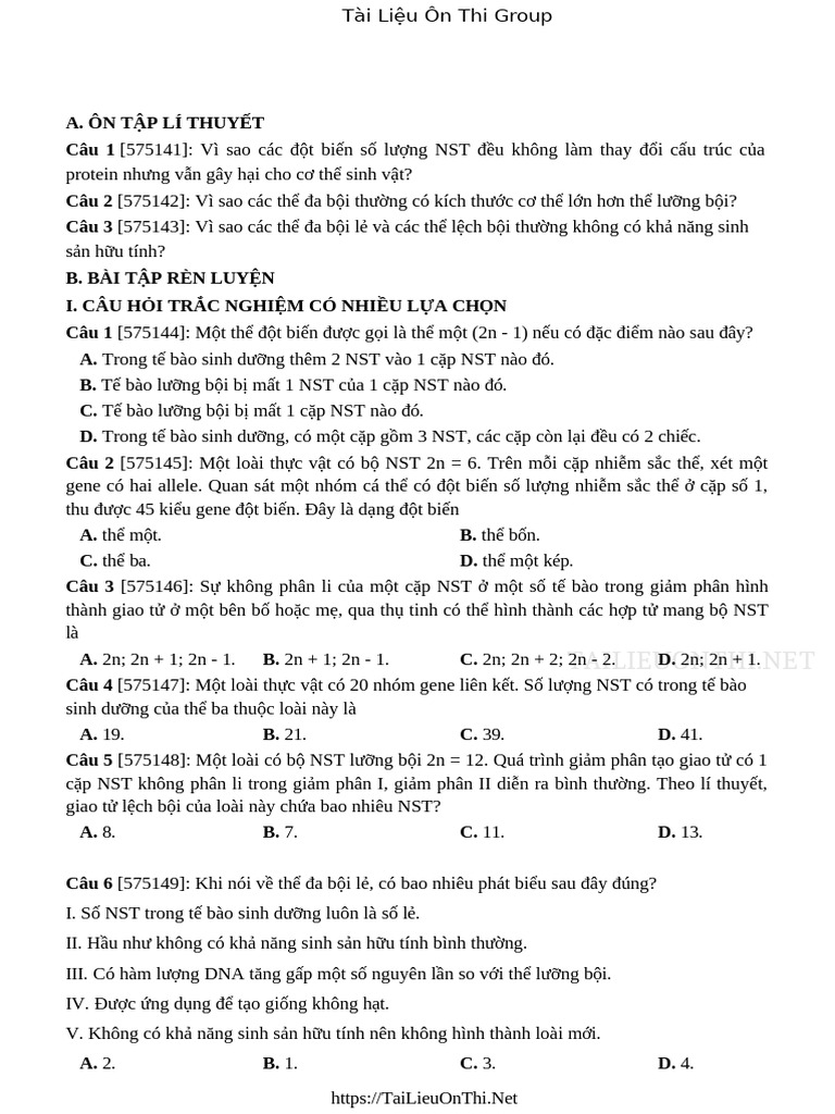 8. Bài tập Đột biến số lượng NST | PDF
