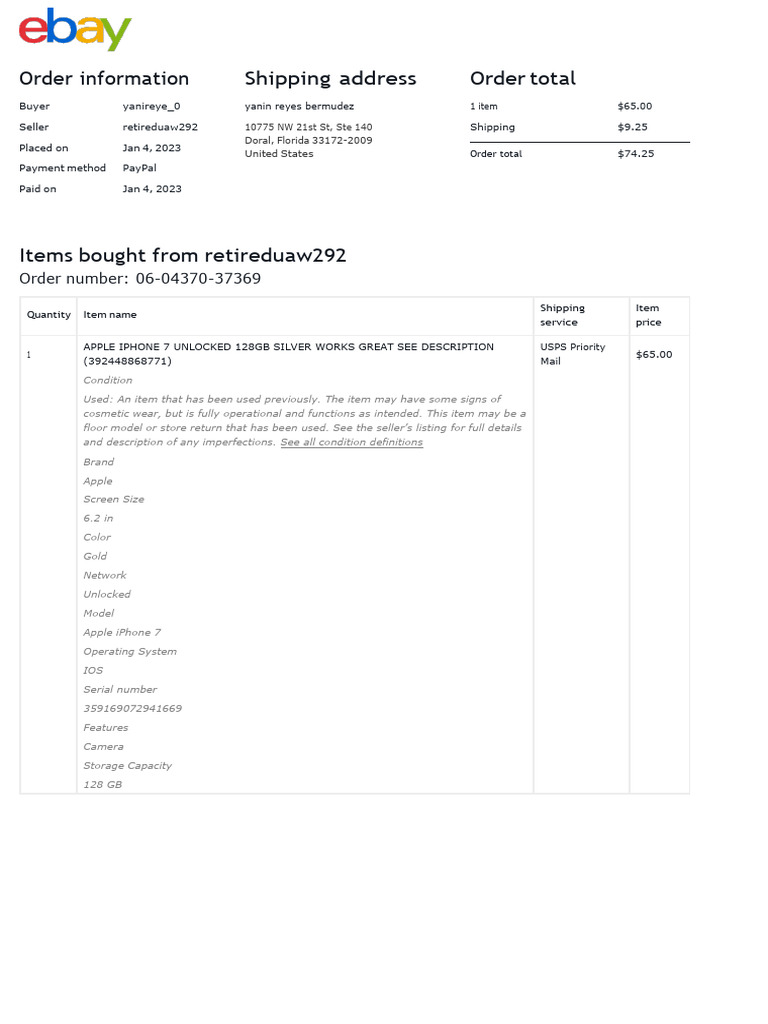 Detalles Del Pedido - EBay | PDF